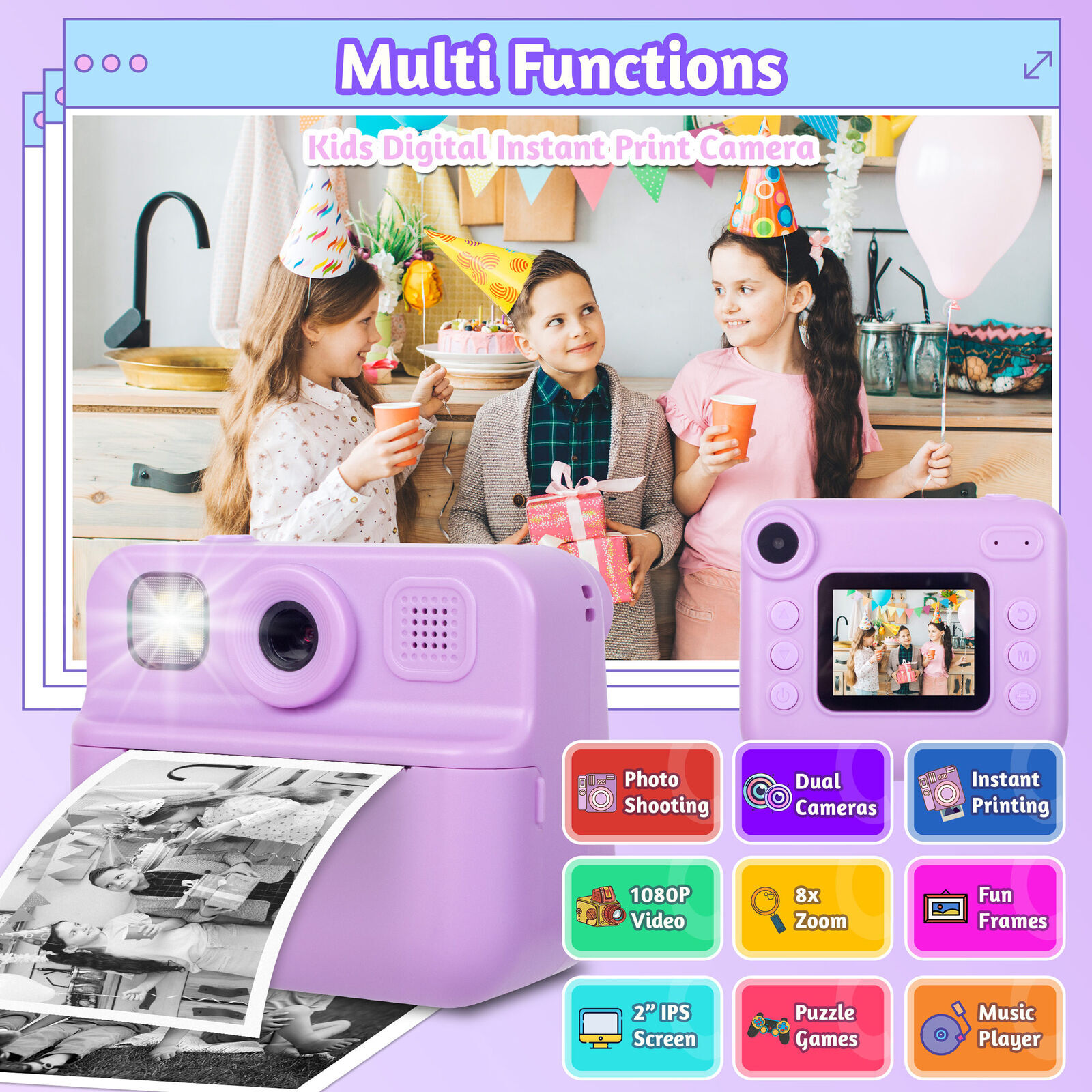 Kids 48MP Instant Print Camera with Dual Lens and 1080P HD Video - Lenoxx