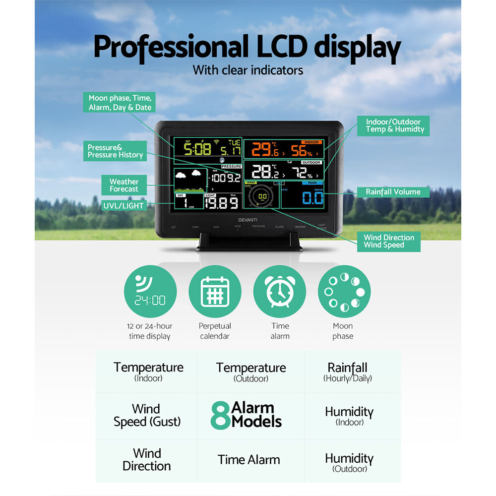 Devanti Weather Station Indoor Outdoor Wireless WiFi Professional Solar ...