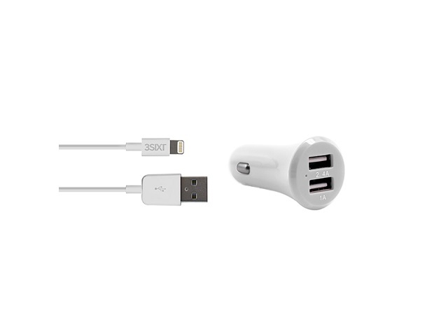 3sixT 2.4A & 1A 1m Lightning Cable Tablets Suit Dual USB Car Charger White