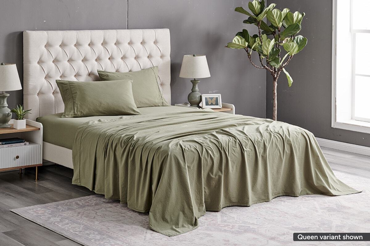 Brosa Sydney Stonewash Cotton Bed Sheet Set (King, Oil Green)