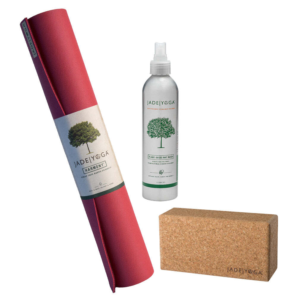 Jade Yoga Harmony Mat - Raspberry & Jade Yoga Cork Yoga Block - Small ...