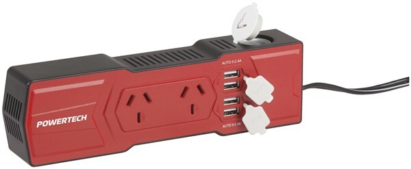 Powertech 200W Inverter with 4 USB Outlets Dual mains sockets USB Ports ...