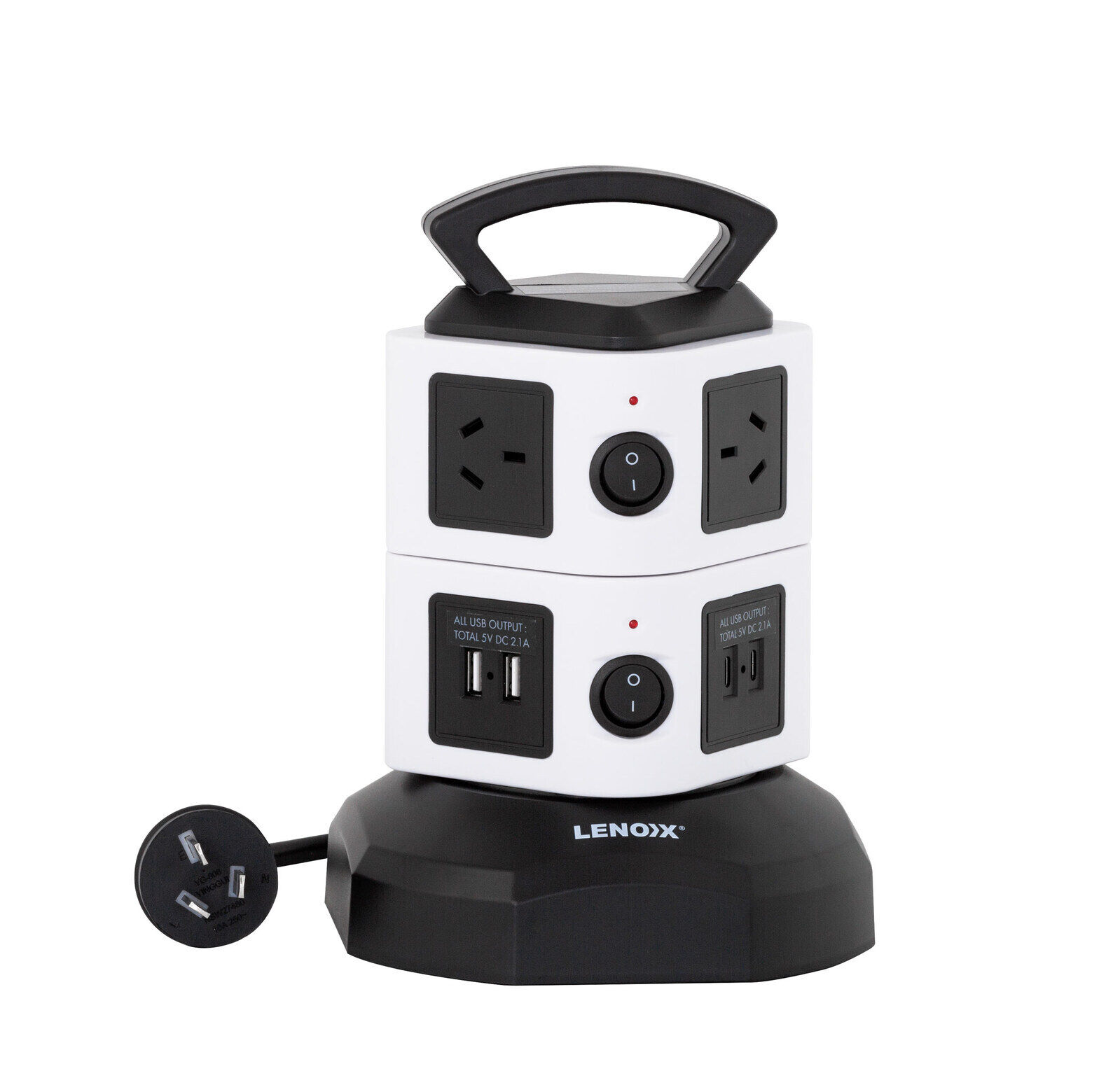 Tower Power Board with 6 Outlets + 2X USB A & 2X USB C - Lenoxx